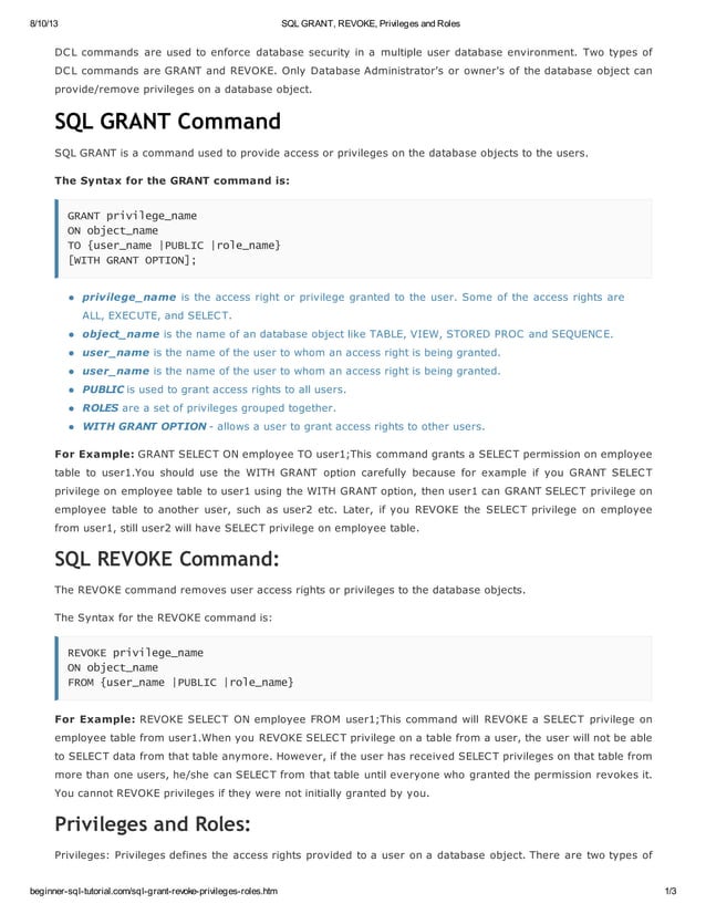 Sql grant, revoke, privileges and roles | PDF | Databases | Computer ...