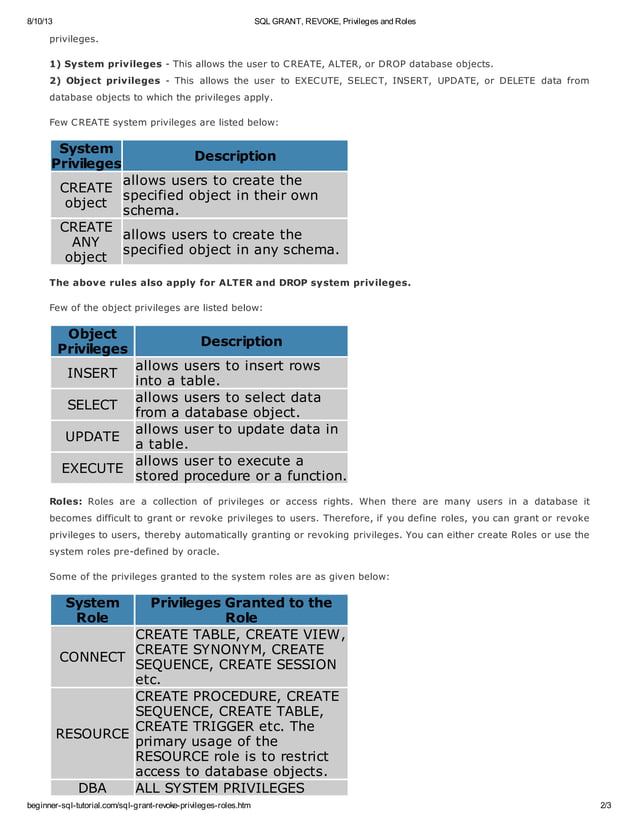 Sql Grant Revoke Privileges And Roles Pdf Databases Computer