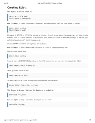 Sql grant, revoke, privileges and roles | PDF