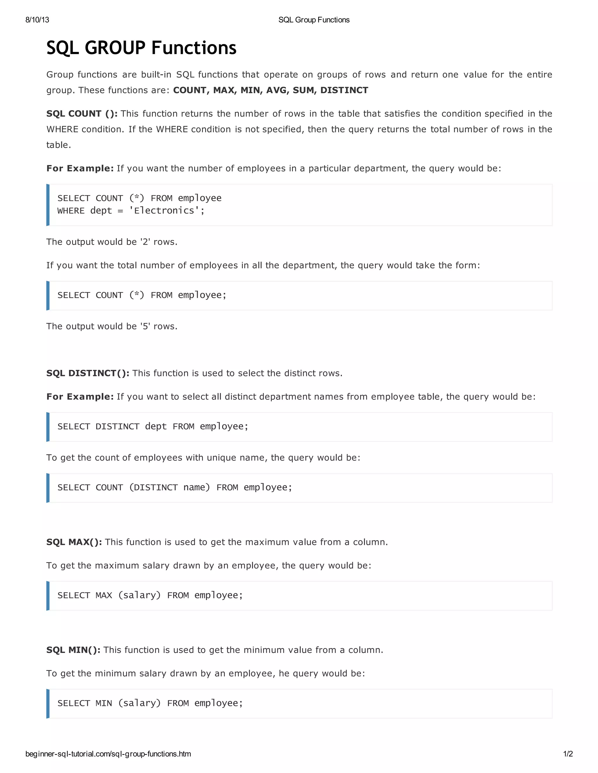 Sql group functions | PDF