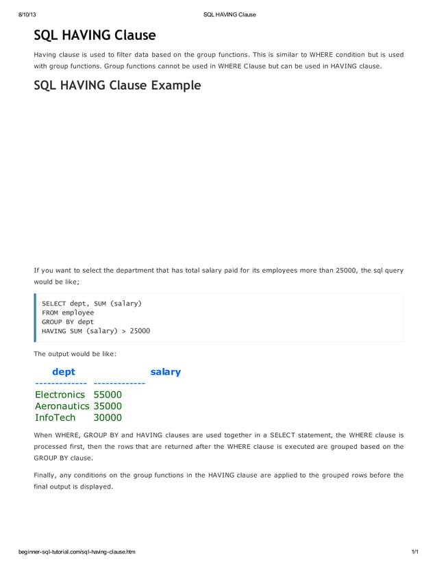 Sql having clause | PDF