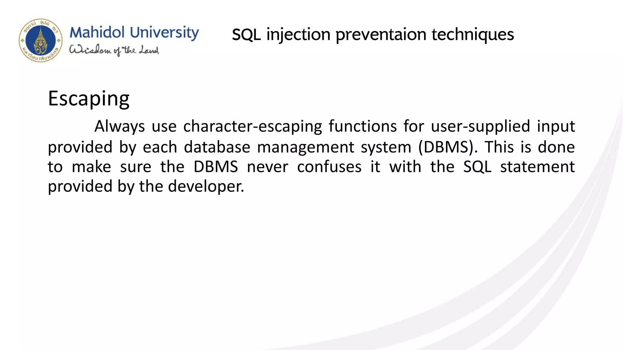 SQL injection prevention techniques | PPTX | Databases | Computer Software and Applications