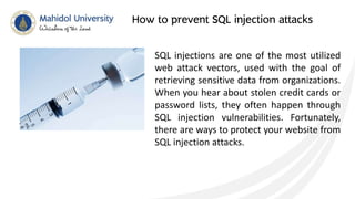 SQL injection prevention techniques | PPTX | Databases | Computer Software and Applications