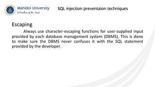 SQL injection prevention techniques | PPTX | Databases | Computer Software and Applications