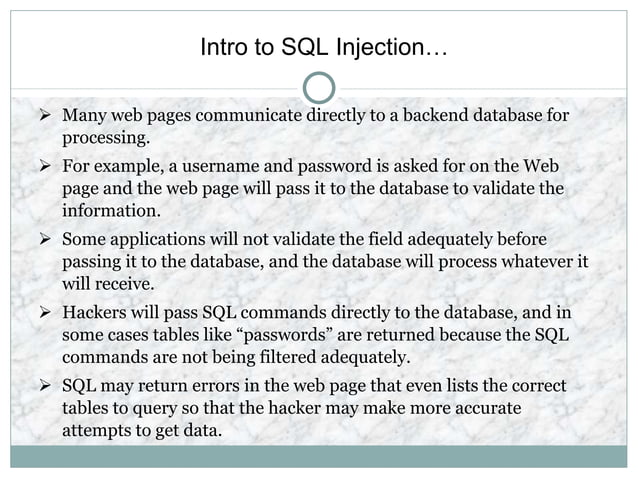 Sql Injection and Entity Frameworks | PPTX | Databases | Computer Software and Applications