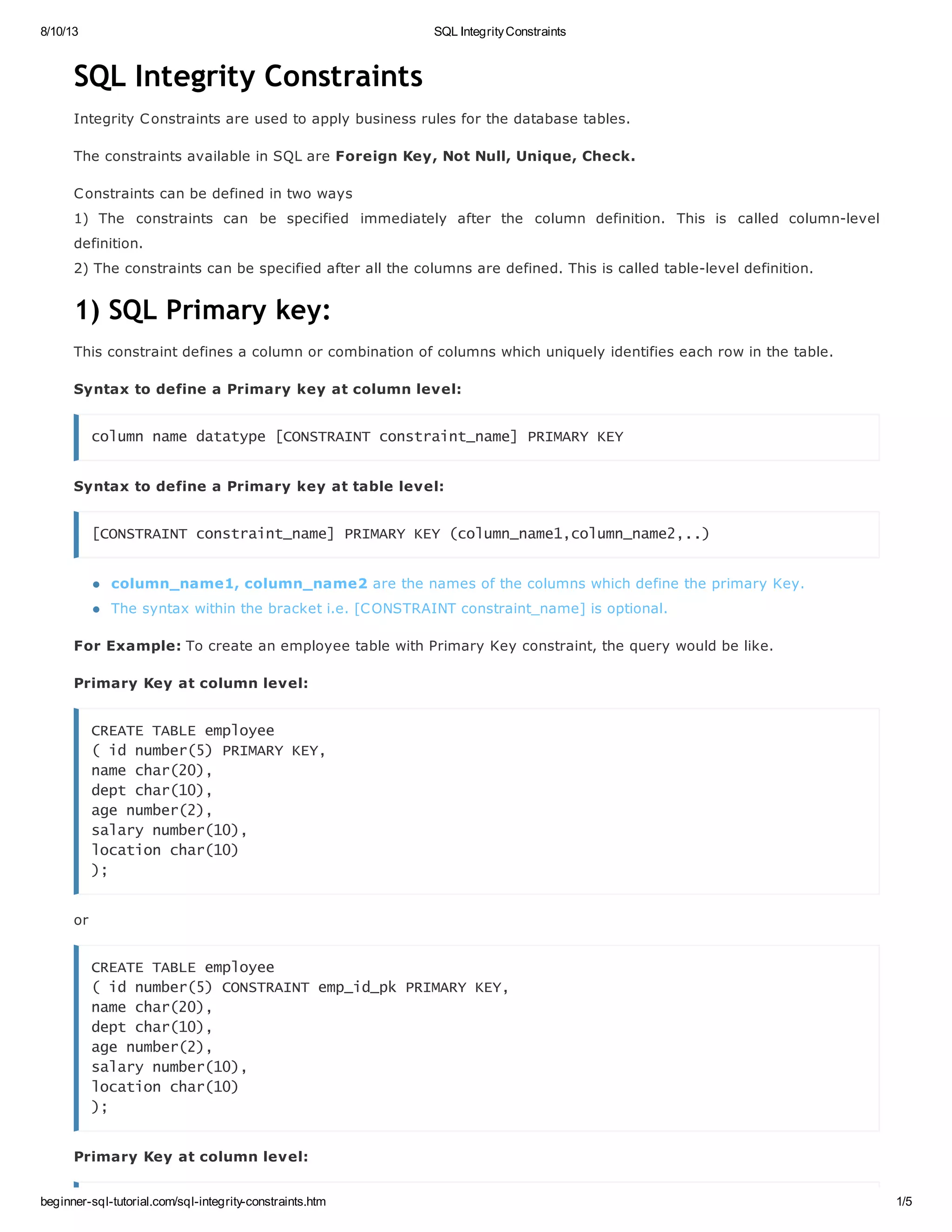 Sql integrity constraints | PDF Sql integrity constraints | PDF