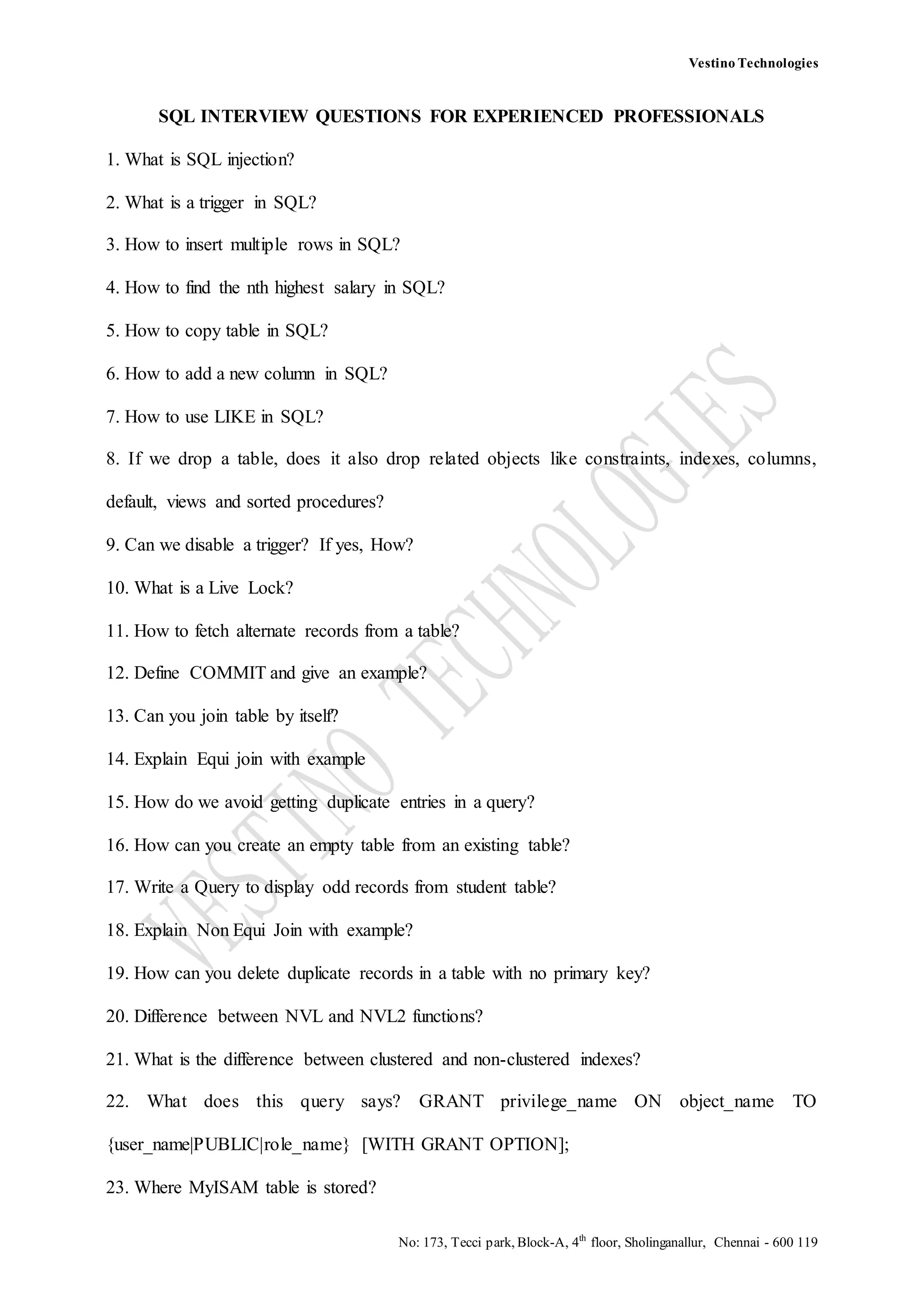 Sql interview questions for experienced profession | DOCX