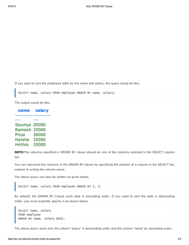 Sql Order By Clause Pdf