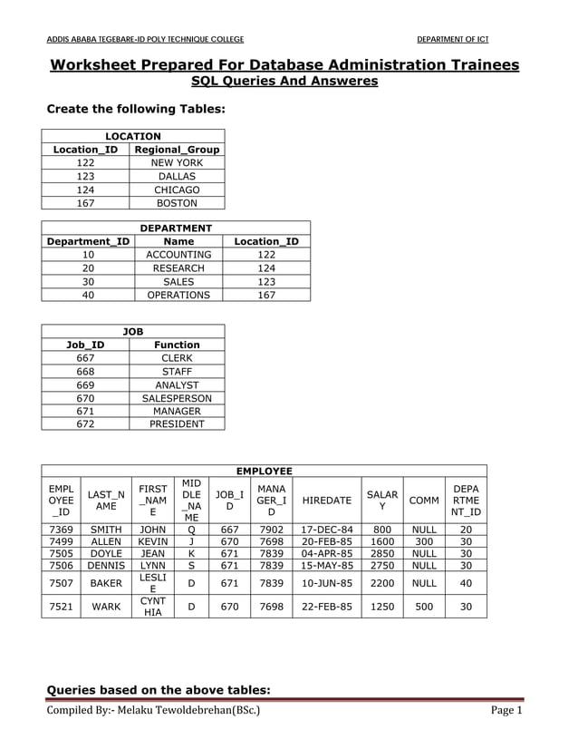 Sql queries questions and answers | PDF