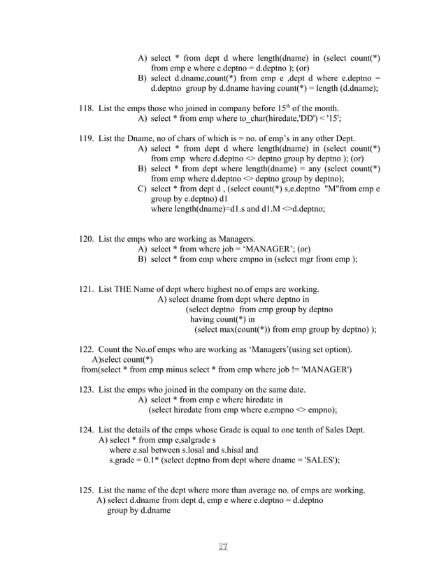 Sql queries with answers | DOC | Databases | Computer Software and Applications