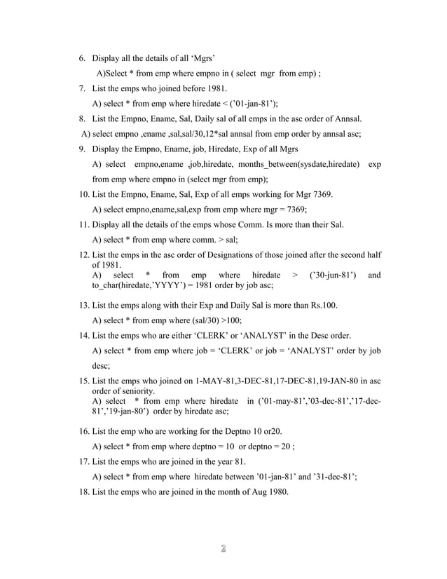 Sql queries with answers | DOC | Databases | Computer Software and ...