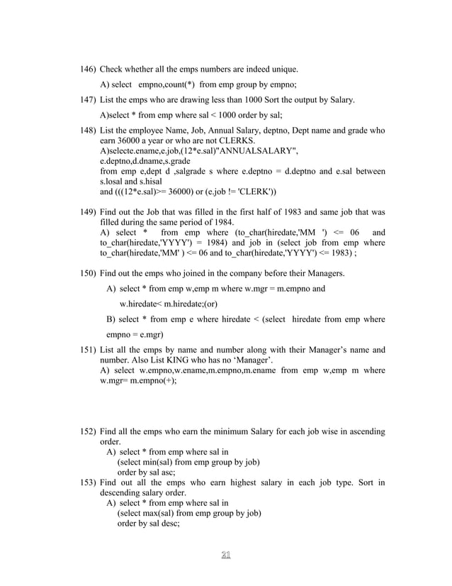Sql queries with answers | DOC | Databases | Computer Software and Applications