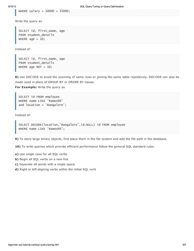 Sql Query Tuning Or Query Optimization Pdf