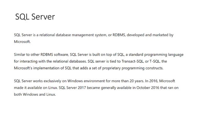 Sql server | PPTX | Databases | Computer Software and Applications