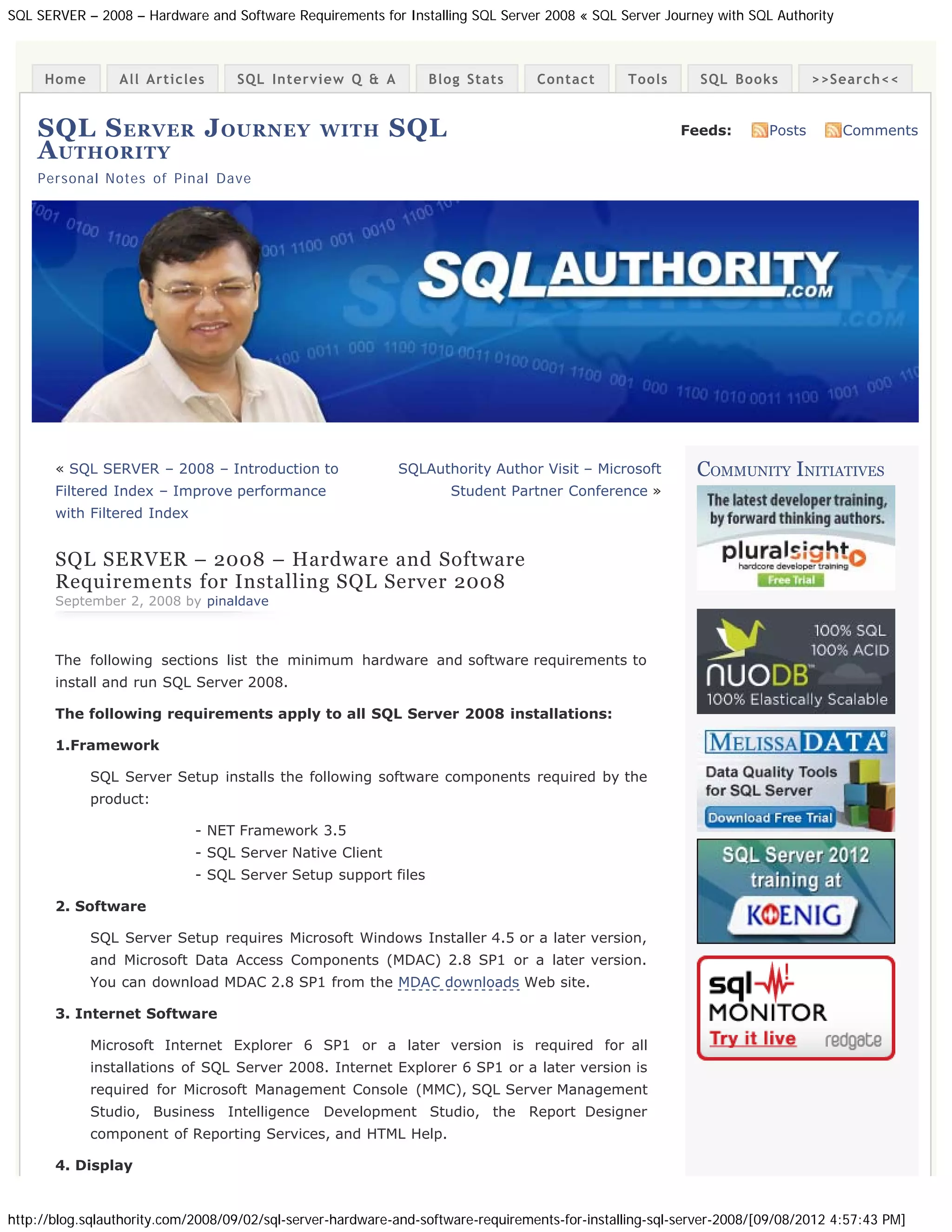 Sql server – 2008 – hardware and software requirements for installing sql se | PDF