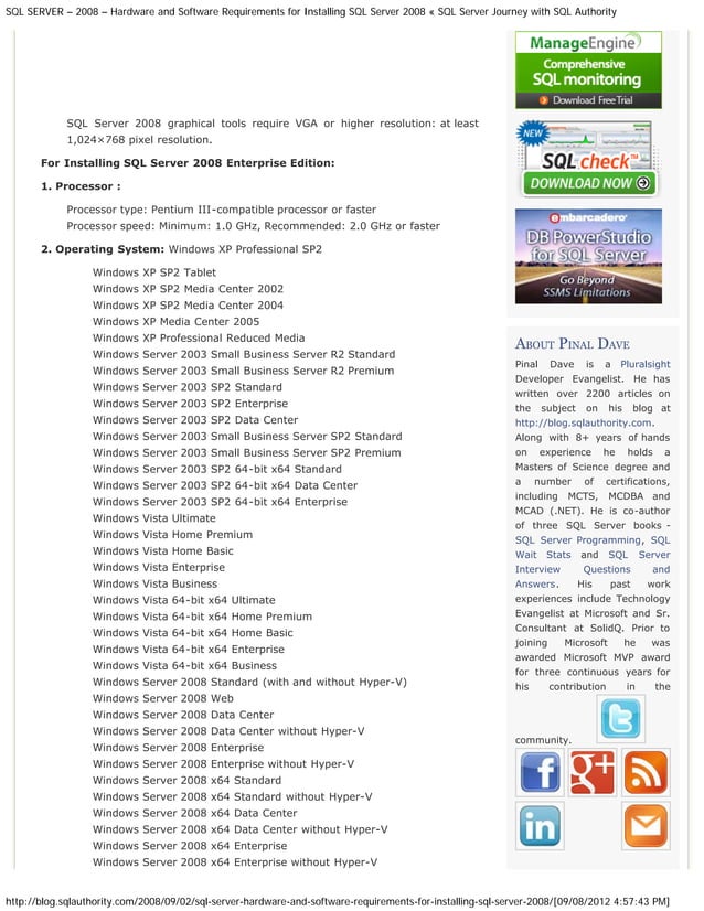 Sql server – 2008 – hardware and software requirements for installing sql se | PDF