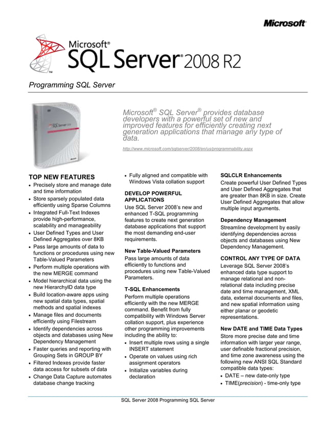 Sql server 2008 r2 programmability datasheet | DOCX | Databases | Computer Software and Applications