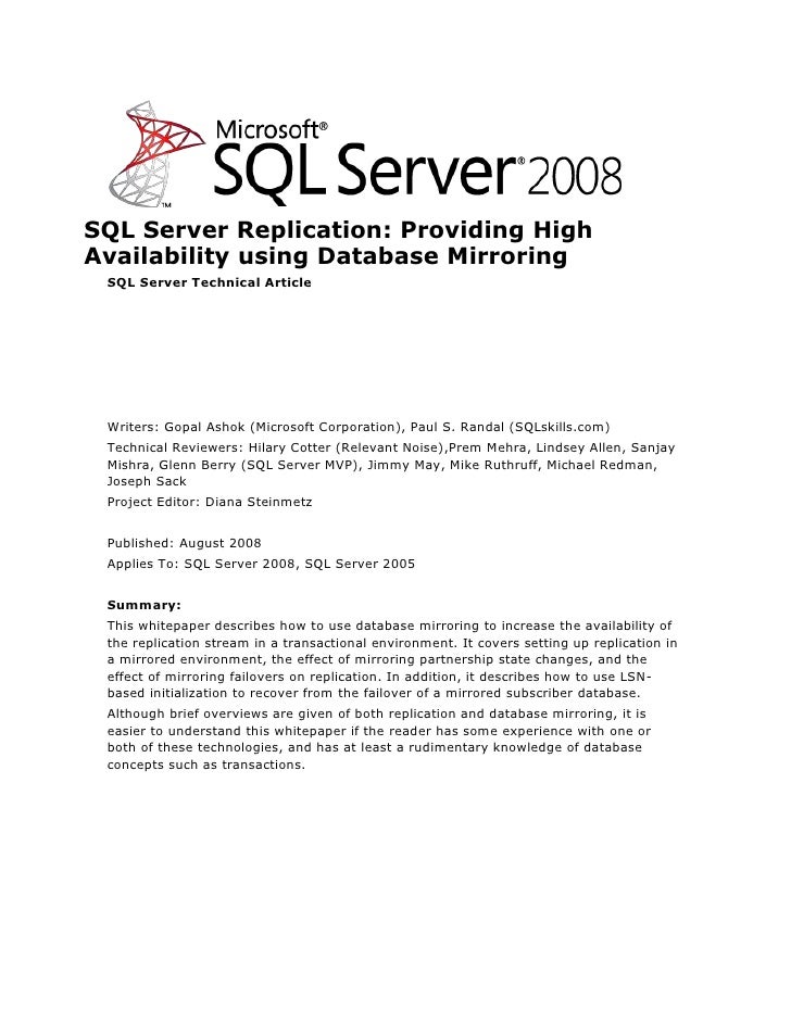 Sql server 2008 replication and database mirroring white paper
