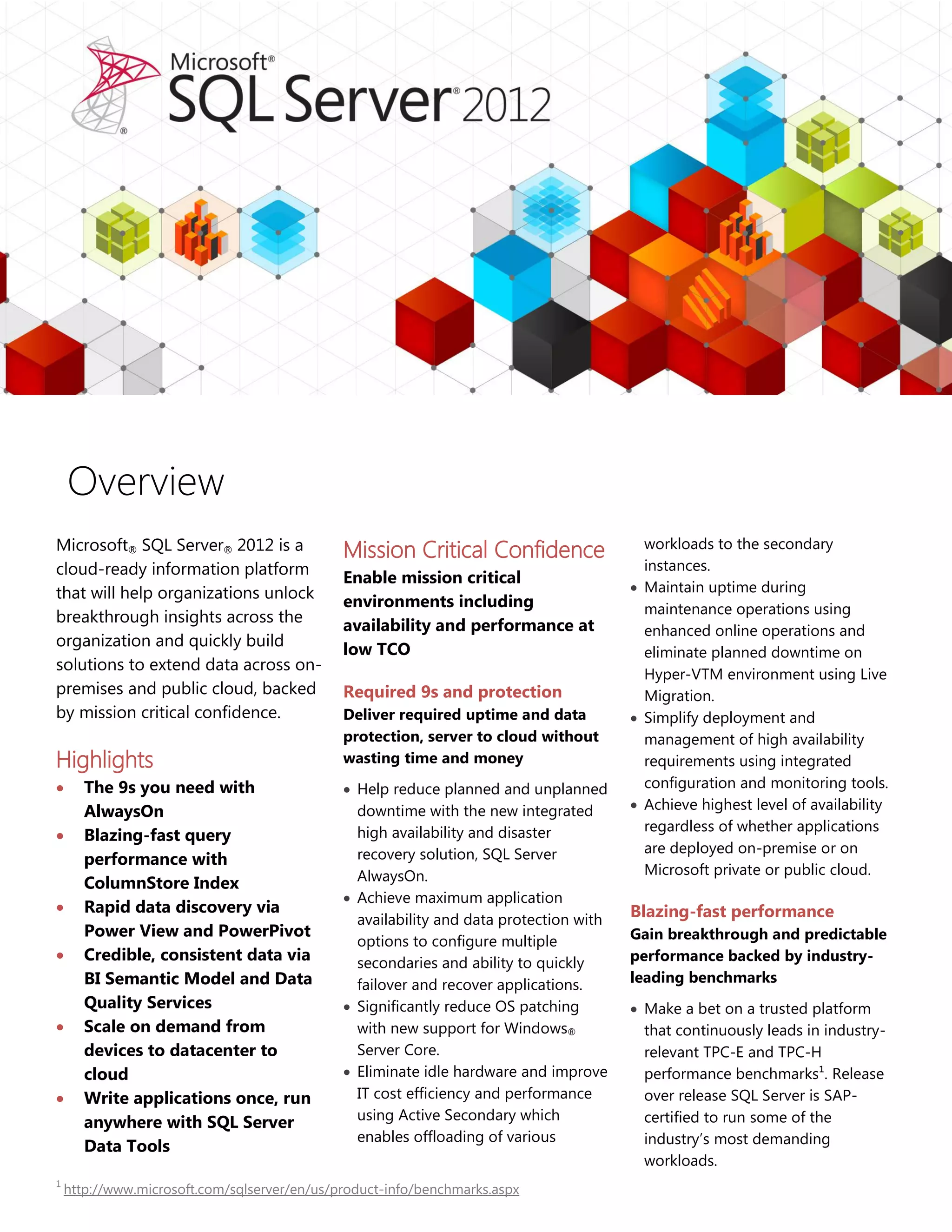 Sql Server 2012 Datasheet | PDF | Cloud Computing | Internet