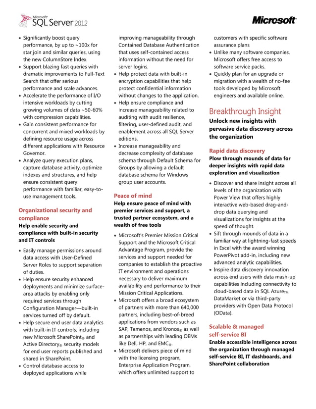 Sql Server 2012 Datasheet | PDF | Cloud Computing | Internet