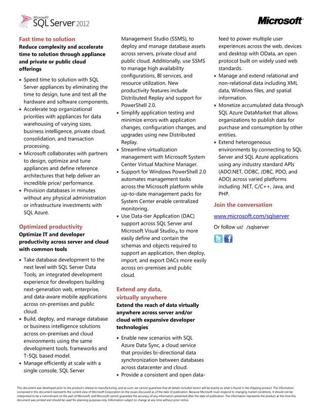 Sql Server 2012 Datasheet | PDF | Cloud Computing | Internet