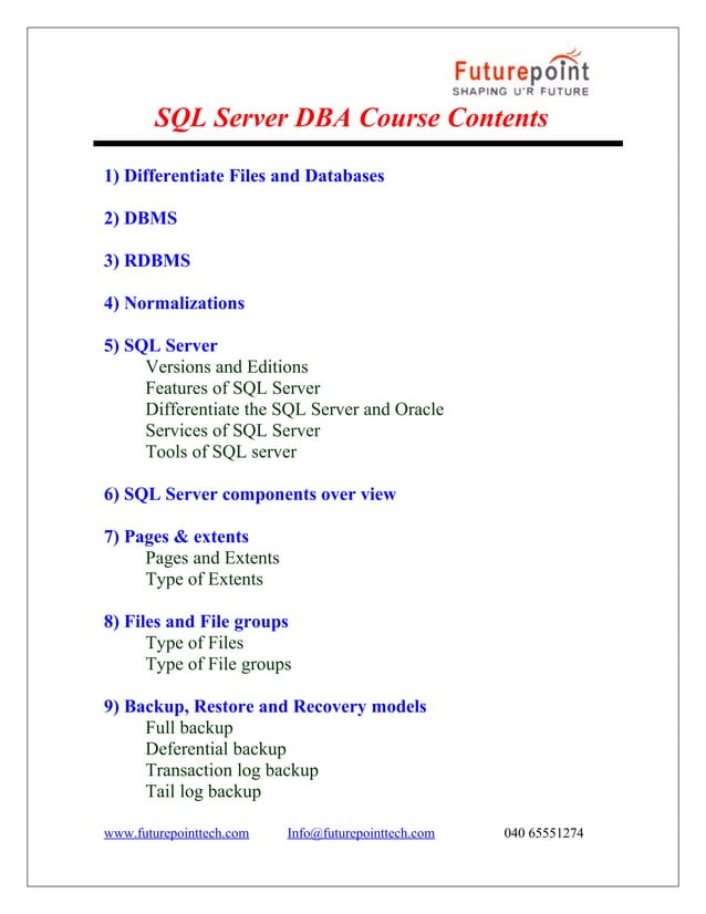 Sql server dba training | DOC