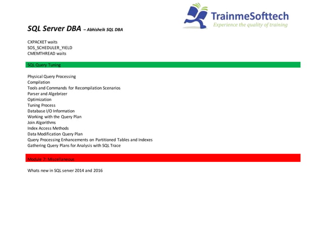 Trainmesfottech - Sql Server DBA Training Course Content | PPT
