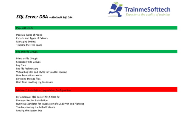 Trainmesfottech - Sql Server DBA Training Course Content | PPT