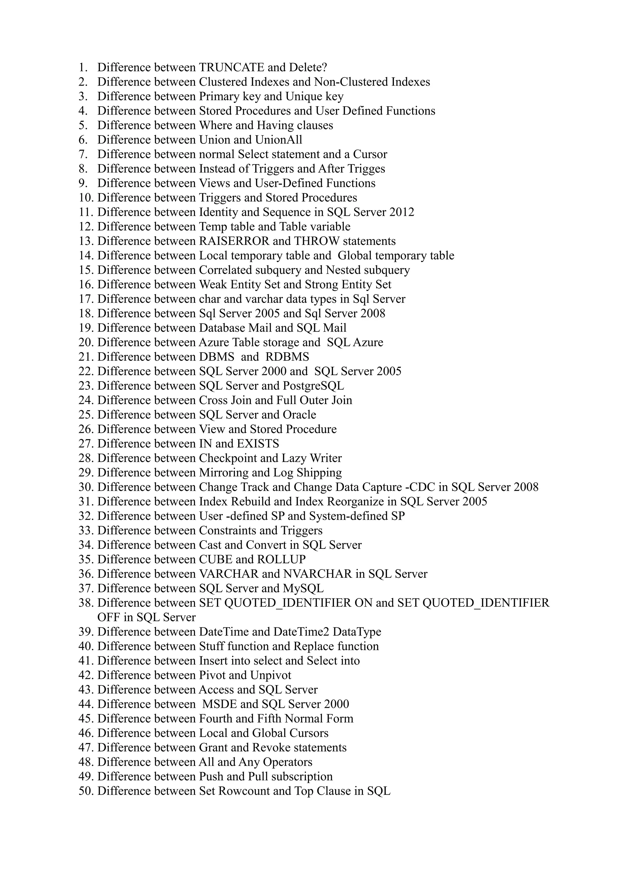 Sql server difference between questions list- 1 | PDF