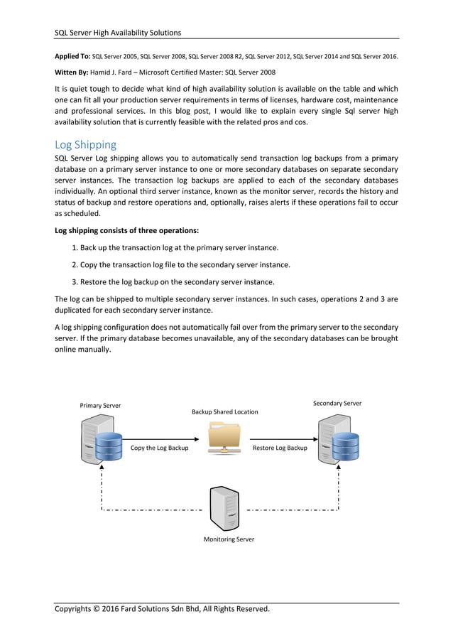 SQL Server High Availability Solutions (Pros & Cons) | PDF