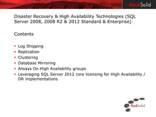 Sql Server High Availability & DR Technologies | PPTX | Databases ...