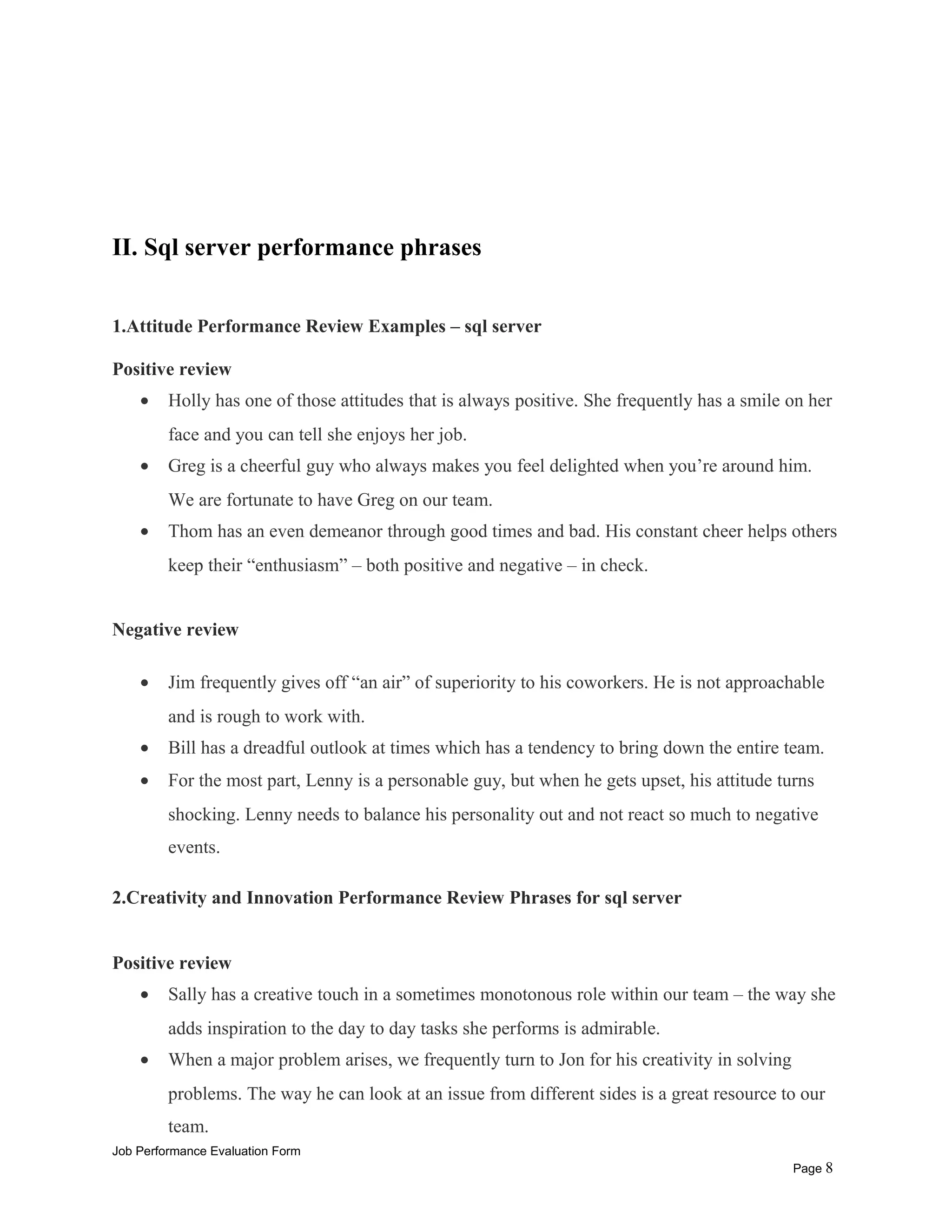 Sql server performance appraisal | DOC