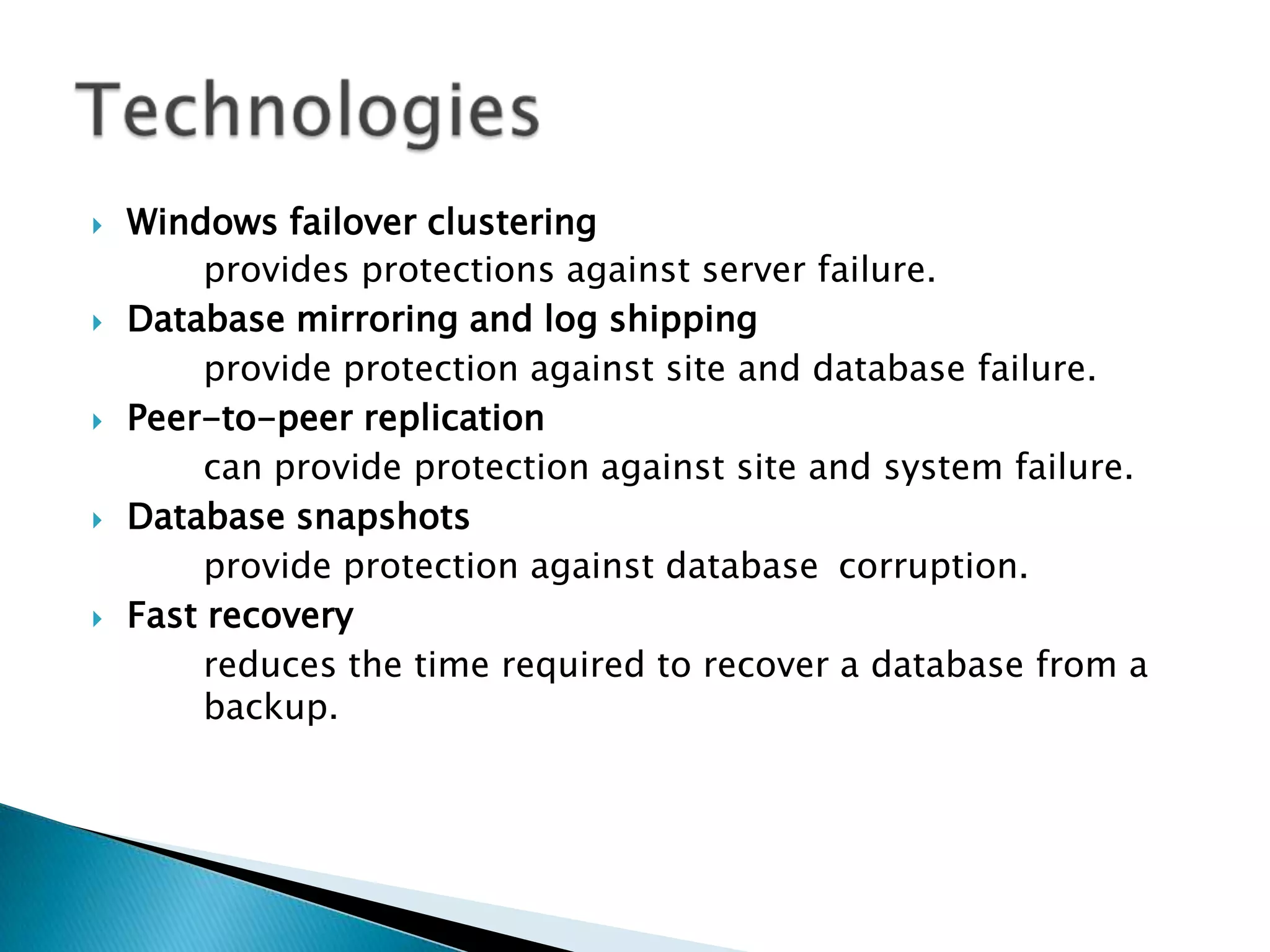 Sql server’s high availability technologies | PPTX | Databases ...