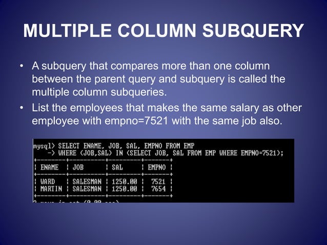 Sql subquery | PPTX | Databases | Computer Software and Applications