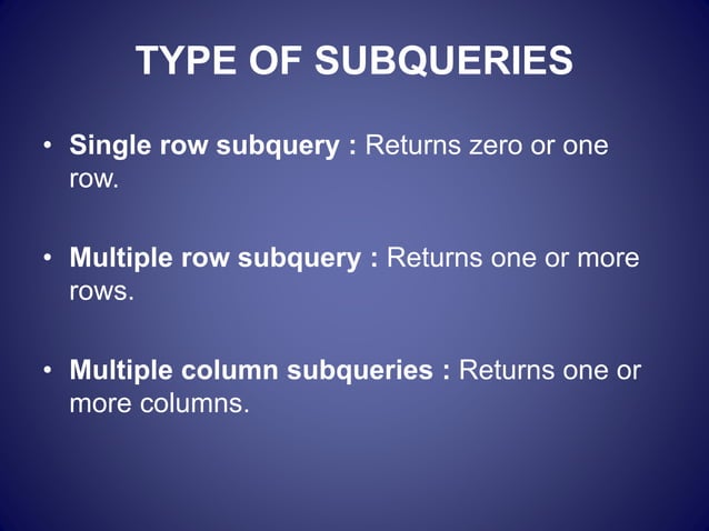 Sql subquery | PPTX | Databases | Computer Software and Applications