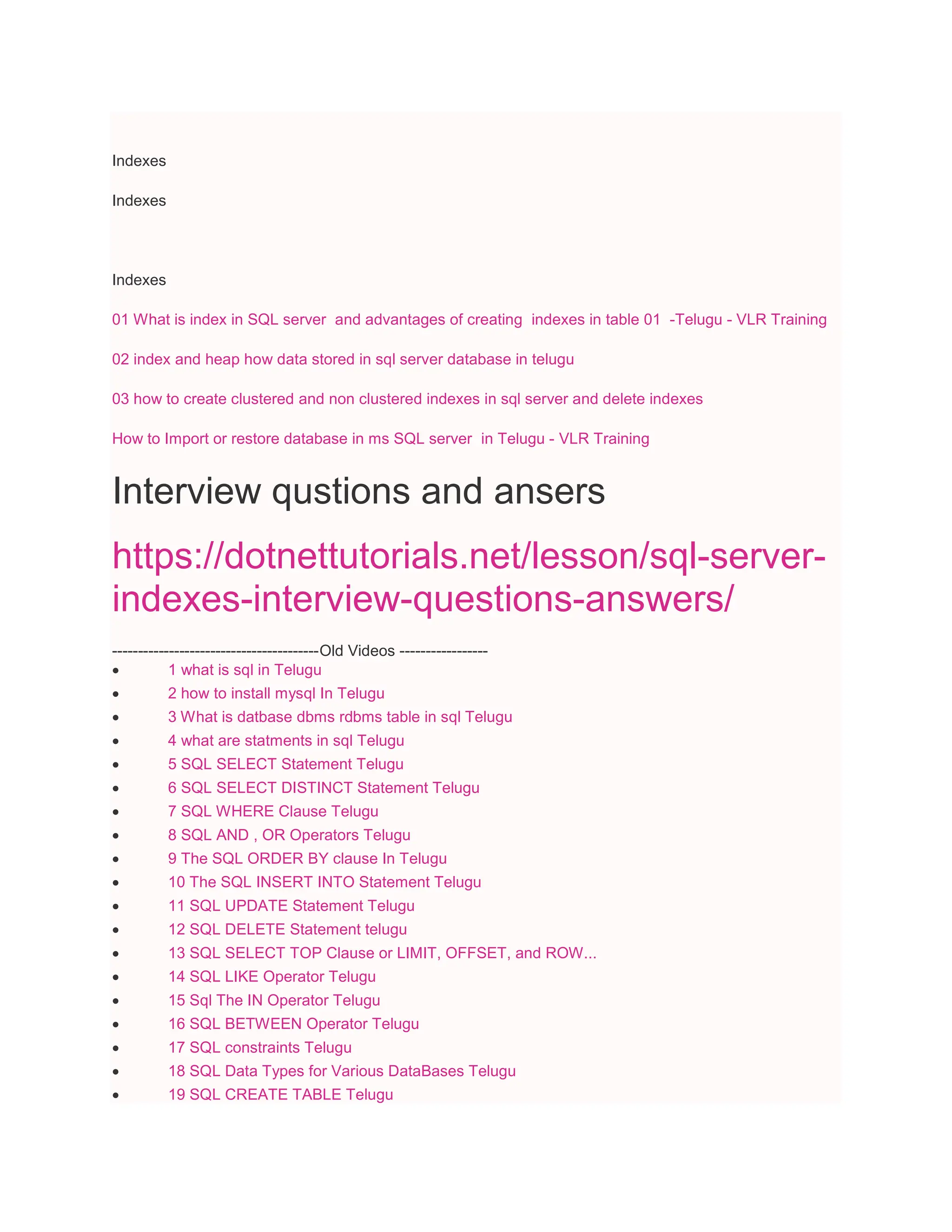 Sql Training videos in telugu vlr trainin | PDF