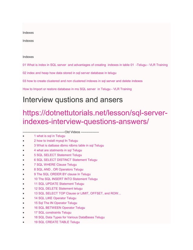 Sql Training videos in telugu vlr trainin | PDF | Databases | Computer Software and Applications
