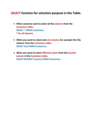 Sql tutorial for select, where, order by, null, insert functions | PDF