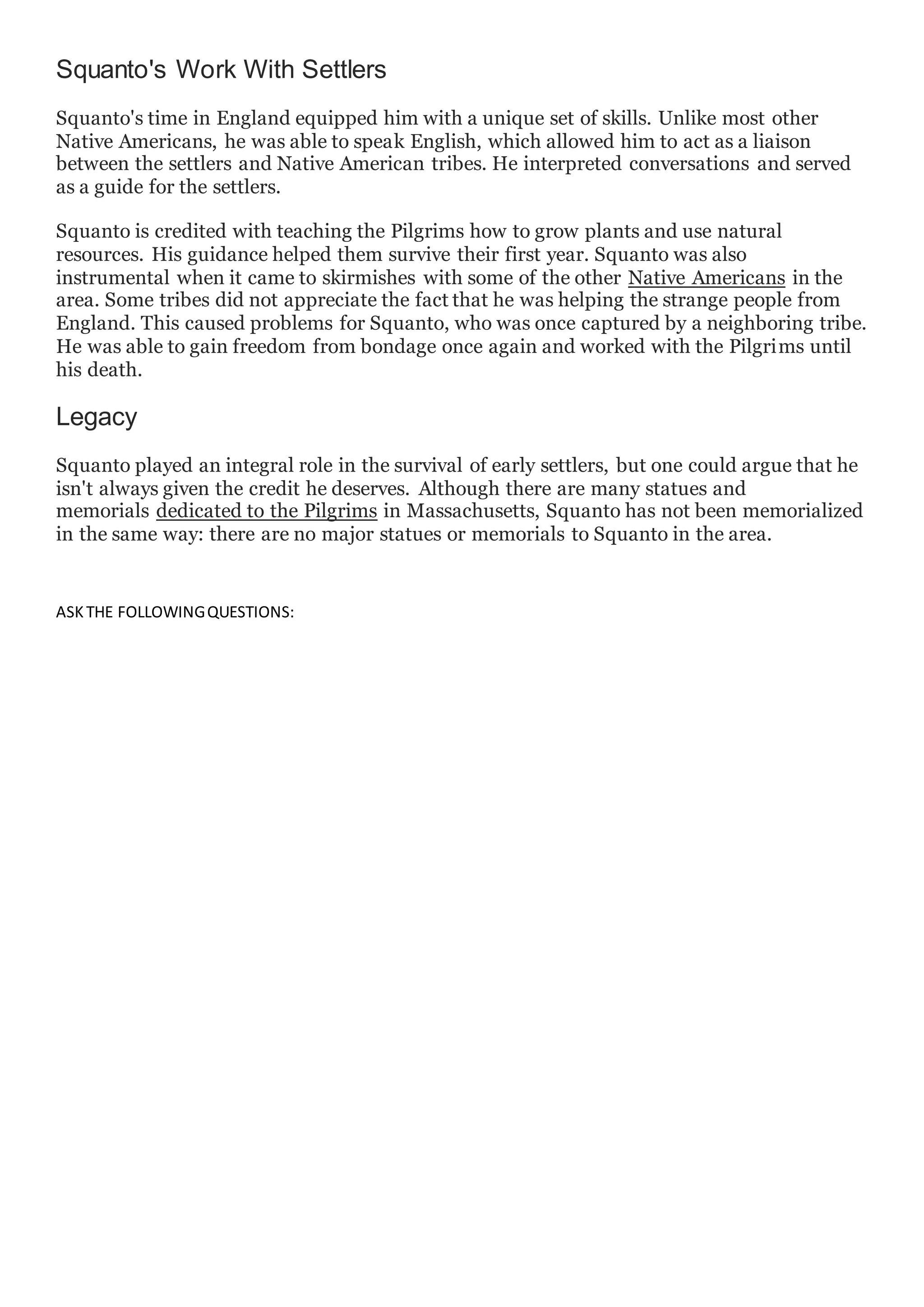 Squanto indian worksheet