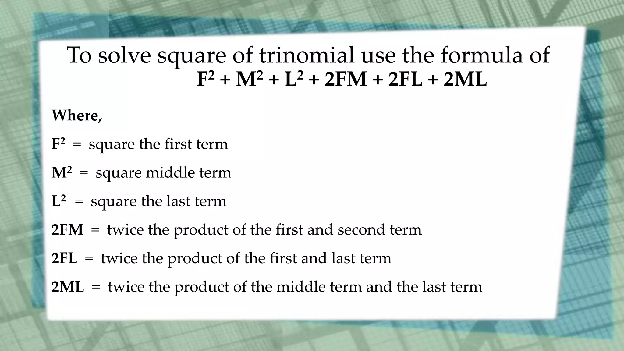 Square of trinomial | PPTX | Chemistry | Science