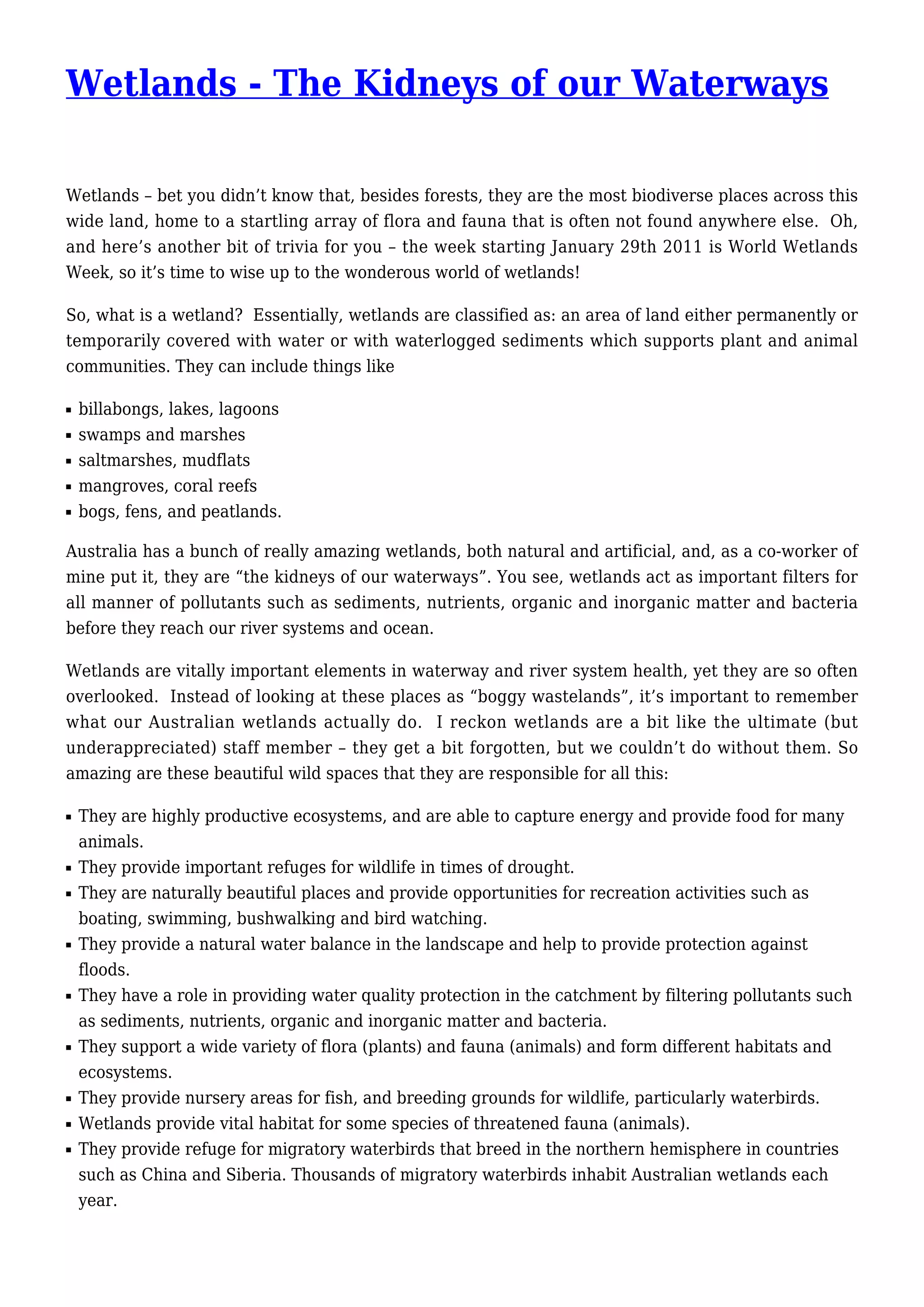 Wetlands: The Kidneys of our Waterways | PDF