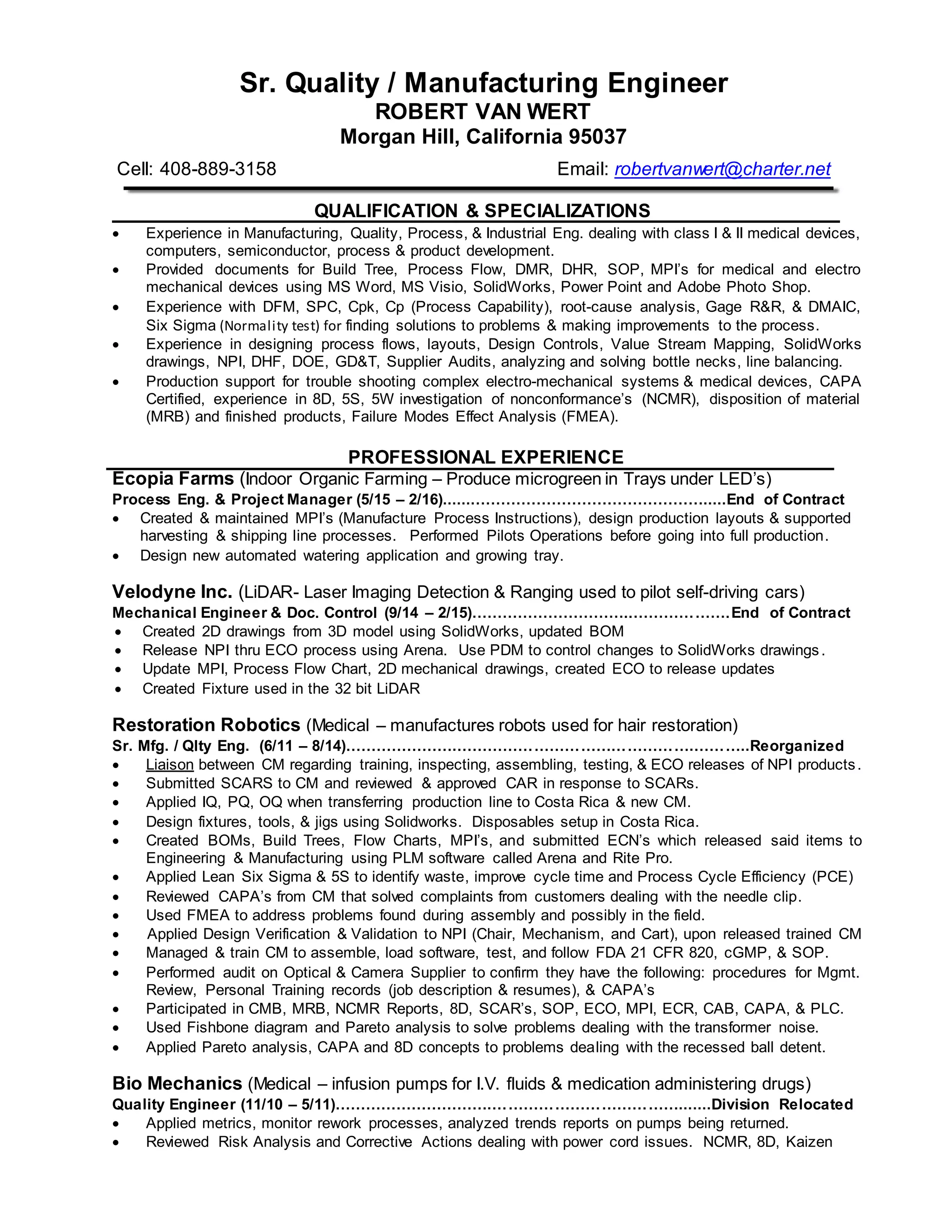 Sr. Manufacturing / Quality Engineering | DOCX