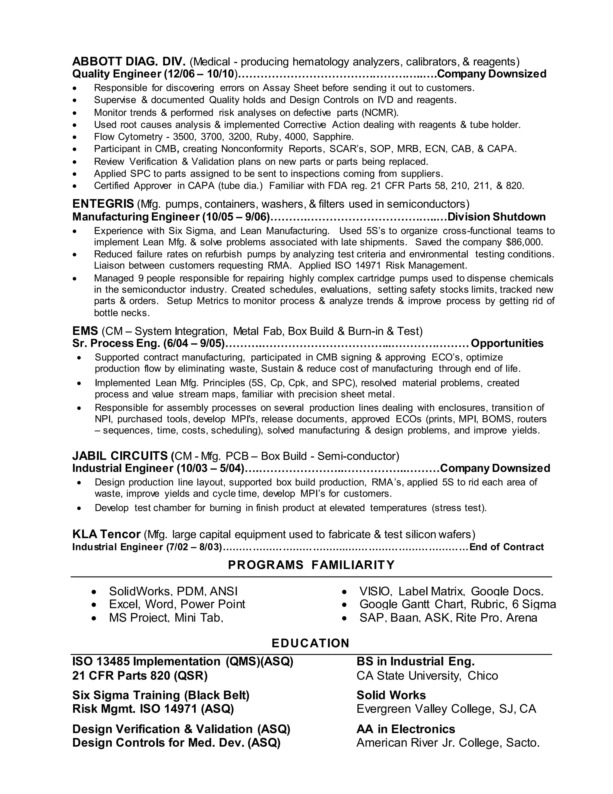 Sr. Manufacturing / Quality Engineering | DOCX