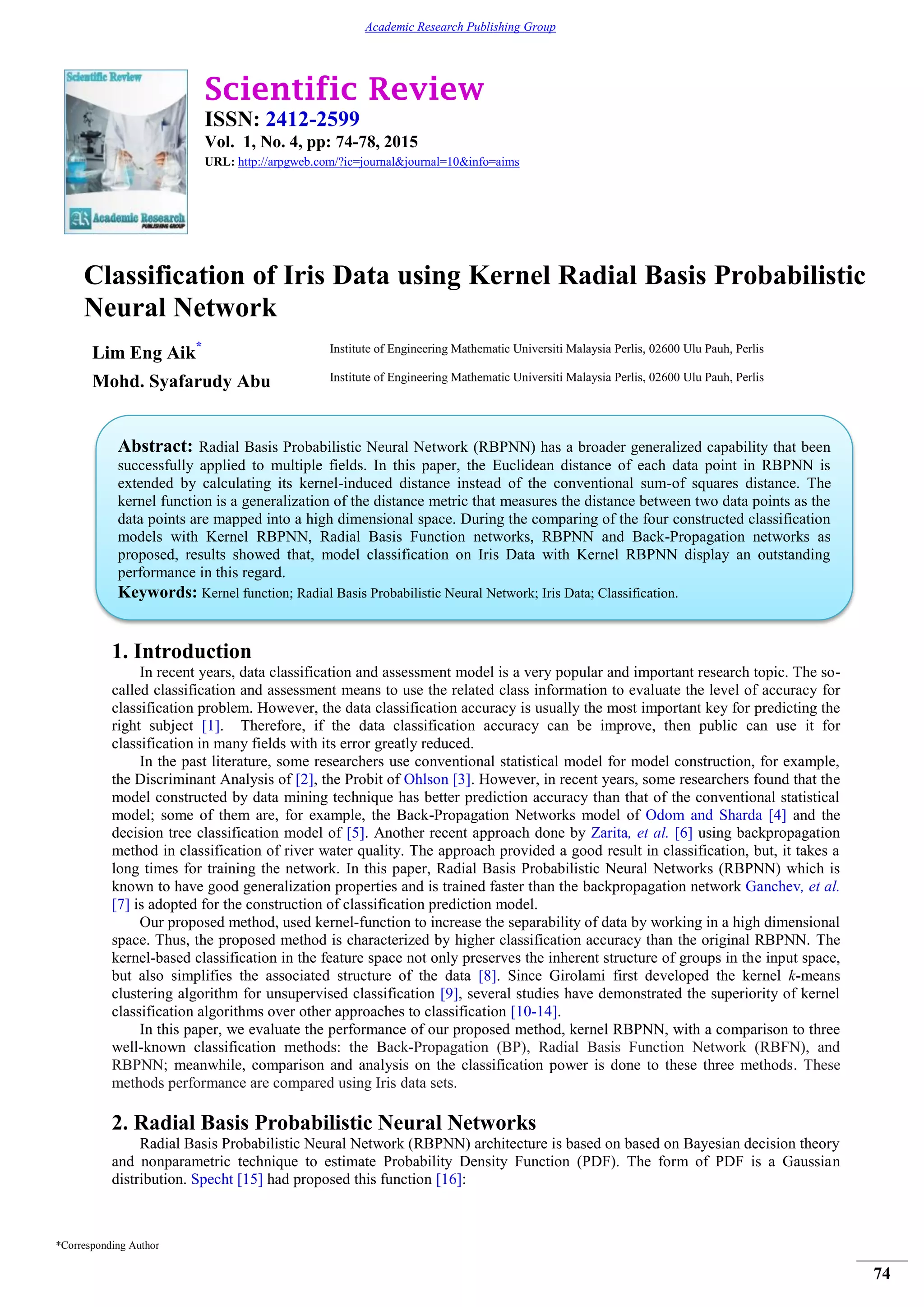 Classification of Iris Data using Kernel Radial Basis Probabilistic ...