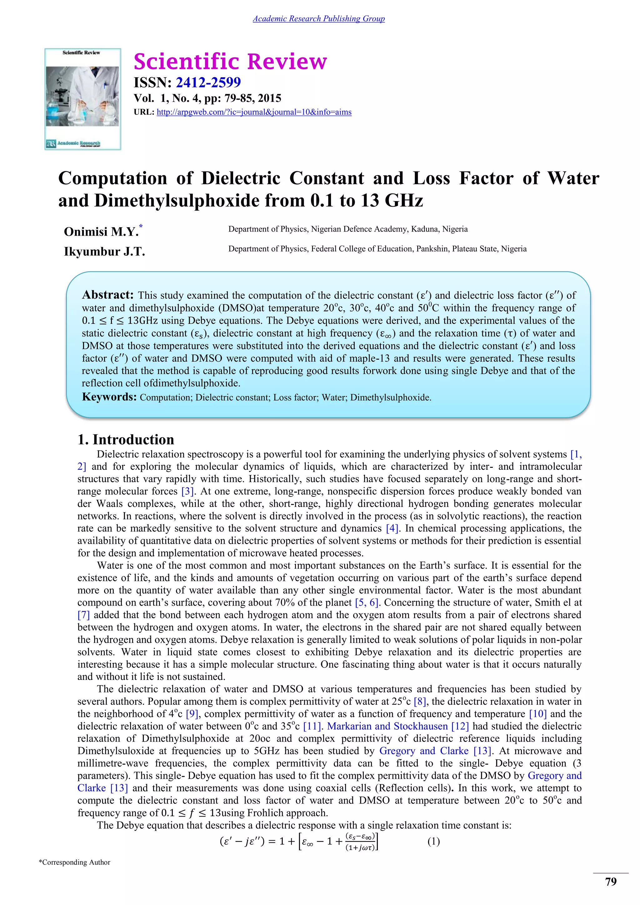 Computation of Dielectric Constant and Loss Factor of Water and ...
