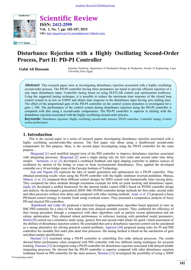 Disturbance Rejection with a Highly Oscillating Second-Order Process, Part II: PD-PI Controller ...