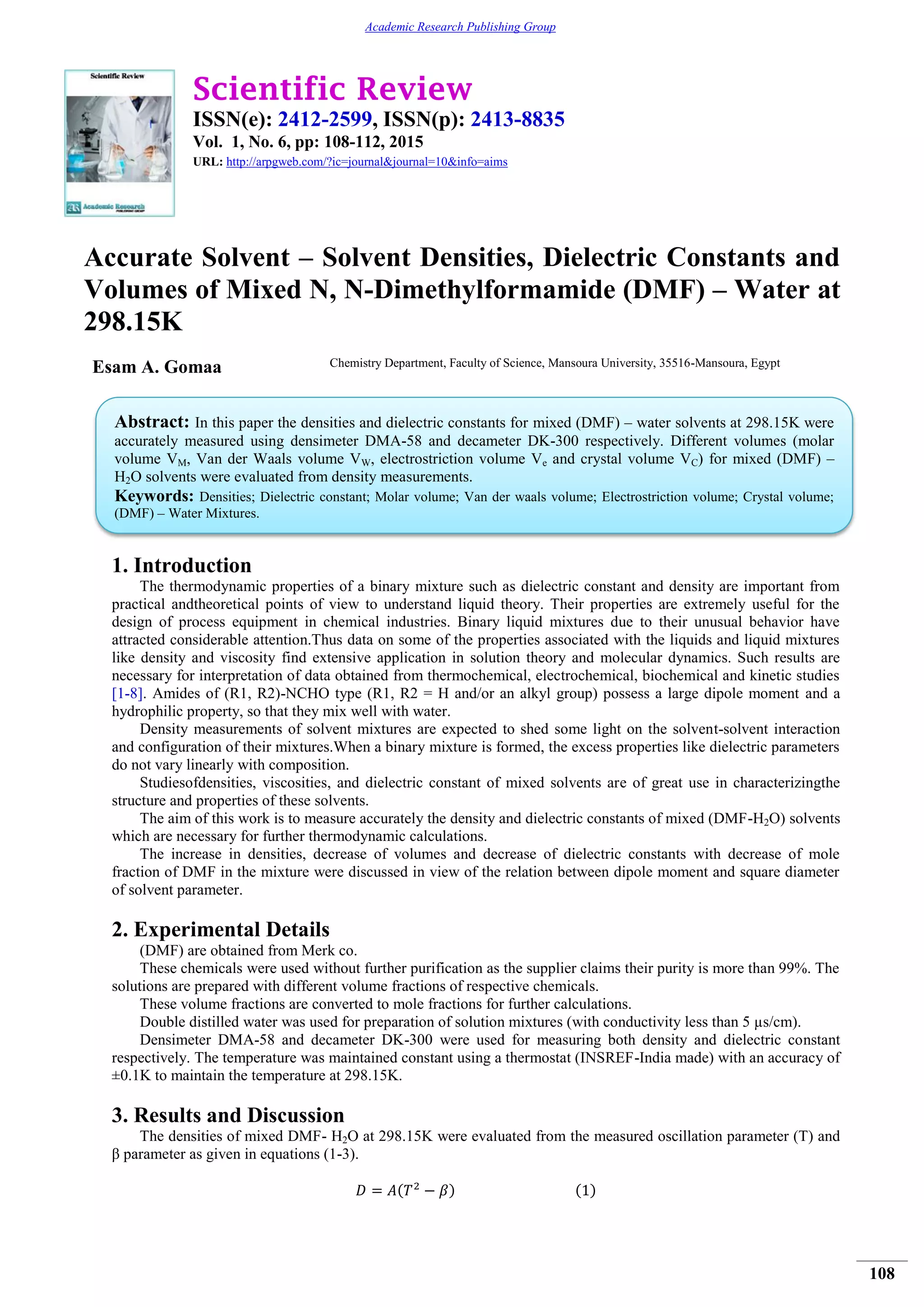 Accurate Solvent – Solvent Densities, Dielectric Constants and Volumes ...