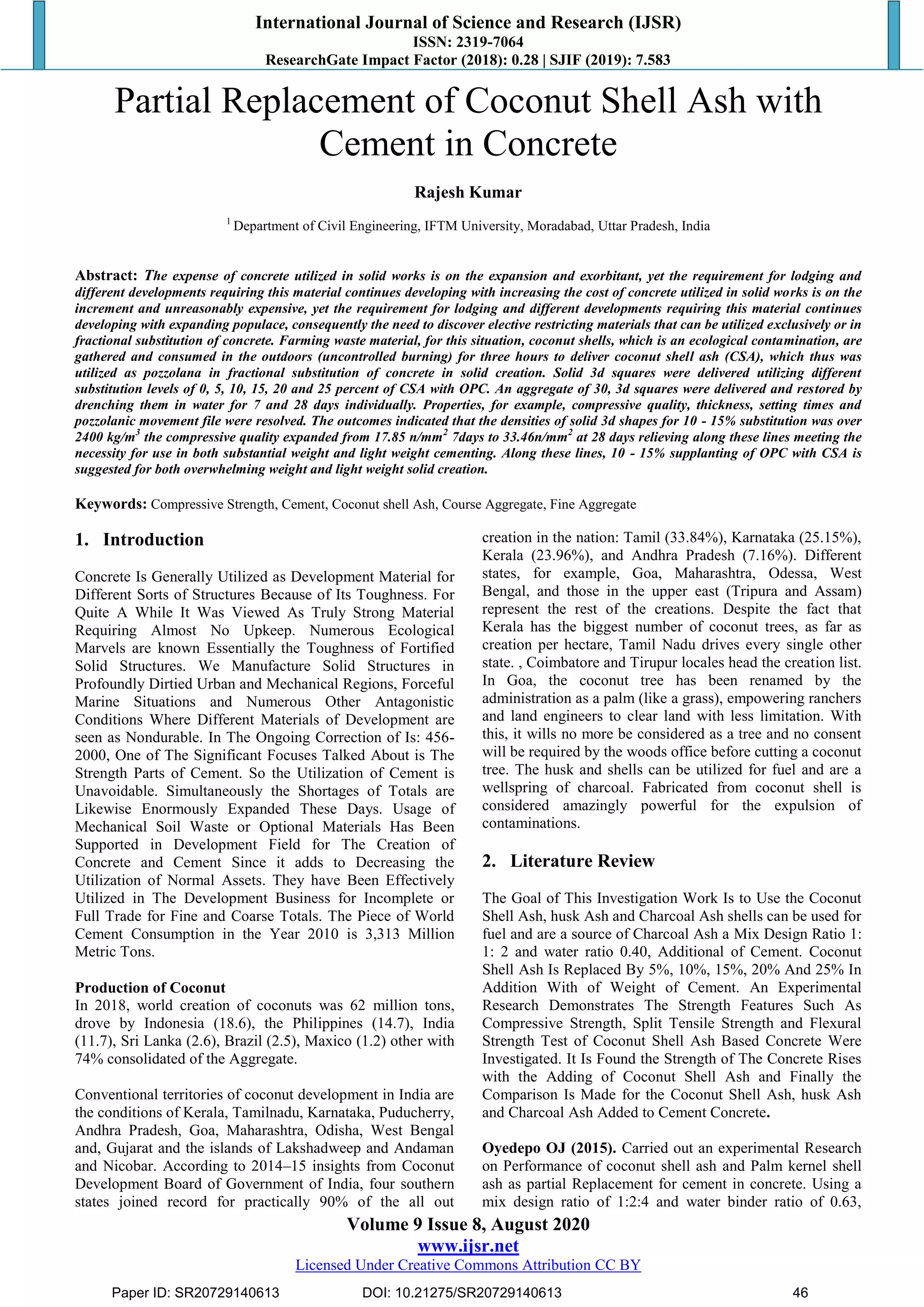 “Partial Replacement of Coconut Shell Ash with Cement in Concrete” | PDF