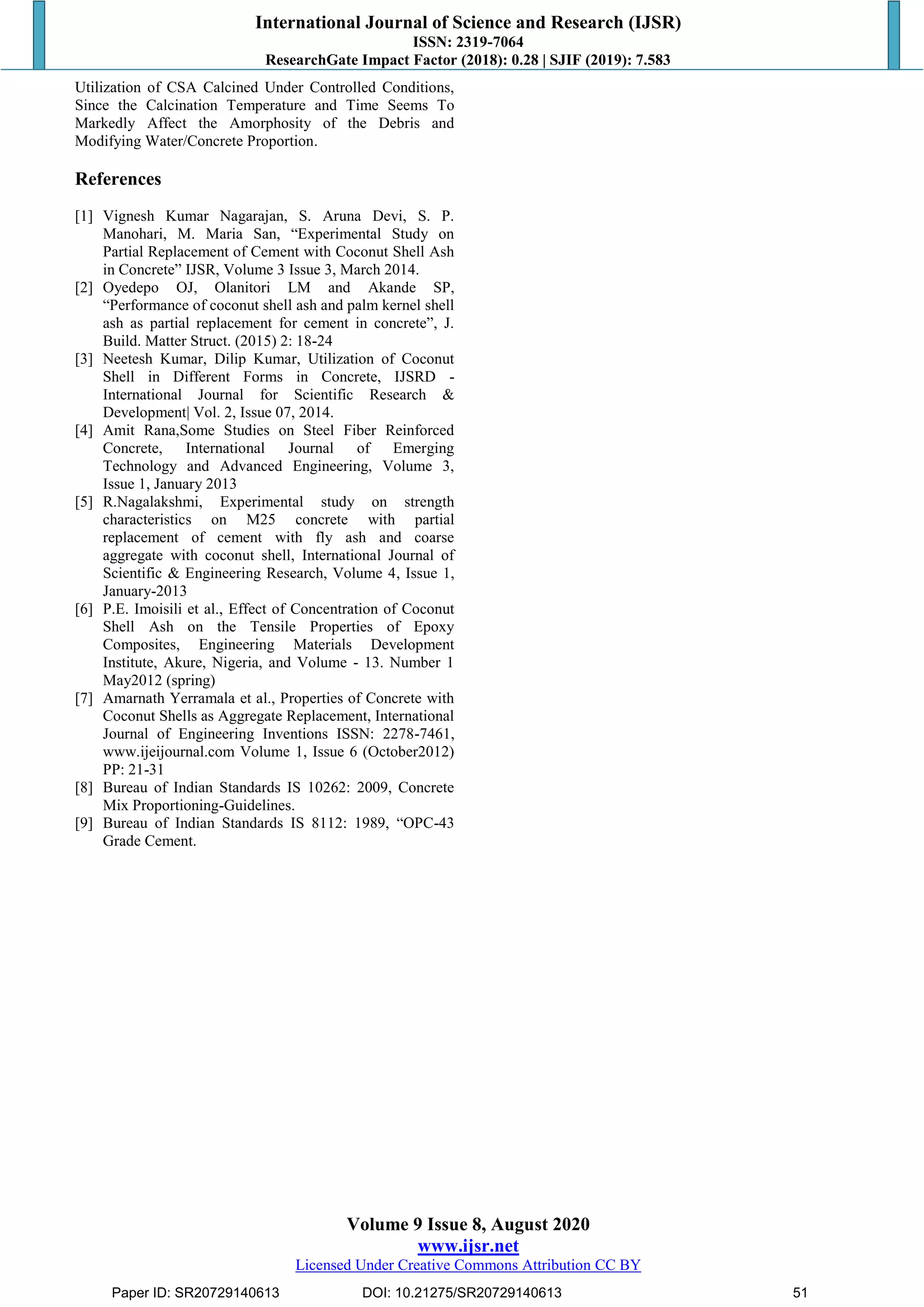“Partial Replacement of Coconut Shell Ash with Cement in Concrete” | PDF